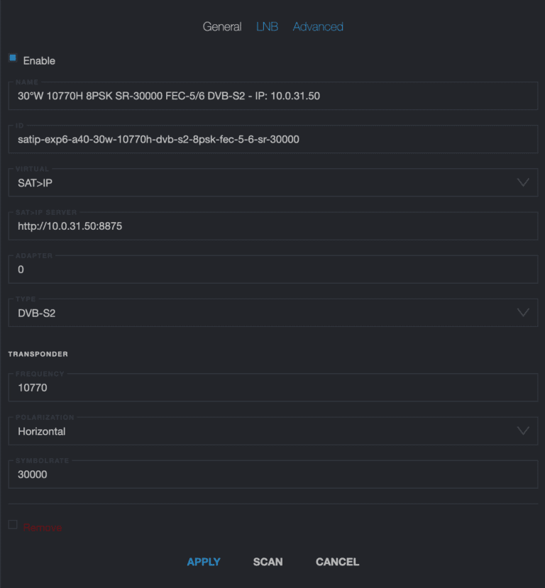 4. Enter all provided SAT>IP vTuner configuration details in the Advanced tab.