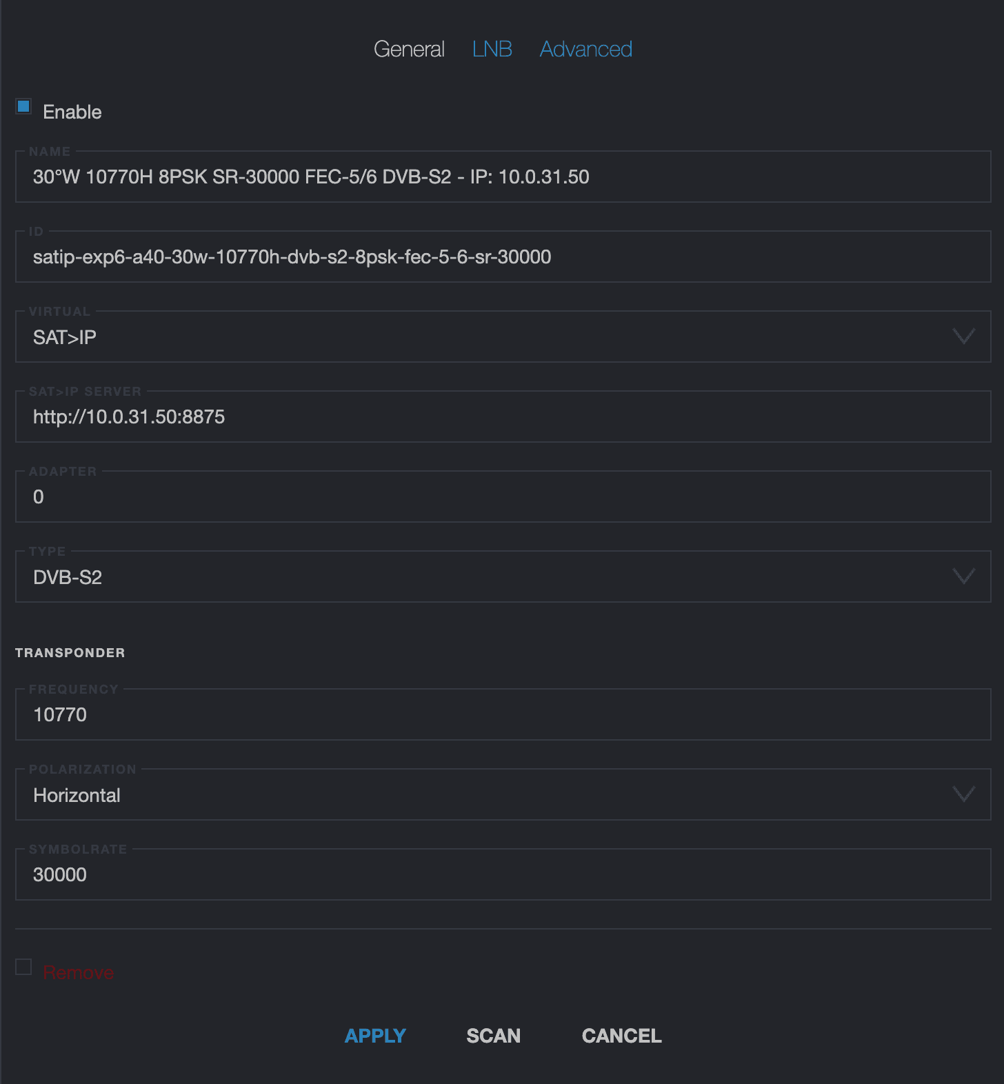 4. Enter all provided SAT>IP vTuner configuration details in the Advanced tab.