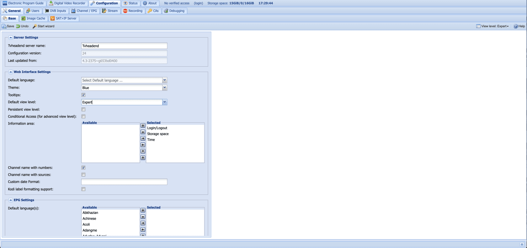 Set the Default View Level to Expert in the TVHeadEnd web interface.