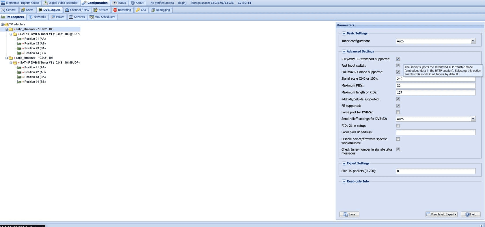 Navigate to Configuration > DVB Inputs > TV Adapters . For each tuner ...