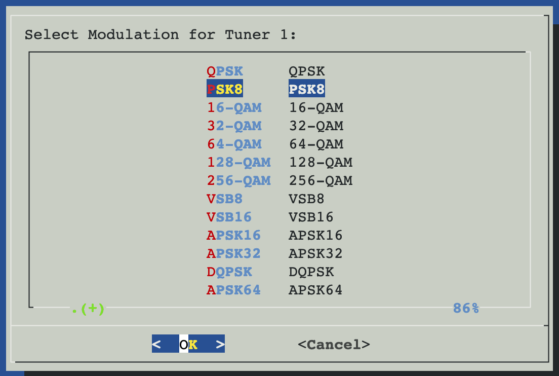 6. Select the Modulation for Tuner 1.