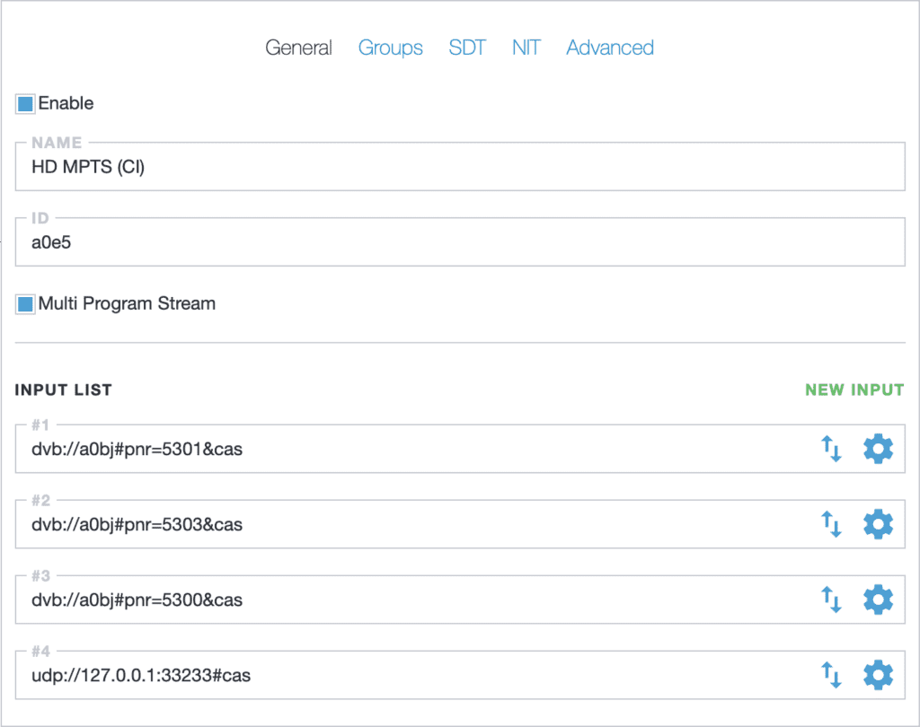 A software configuration screen for setting up an HD MPTS (Multi Program Transport Stream) with ...